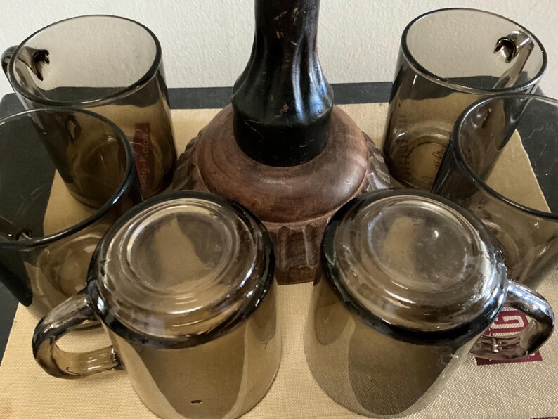 VINTAGE ARCOROC FRANCE Set of 6 Smokey Glass Mugs With Wood & Metal ...