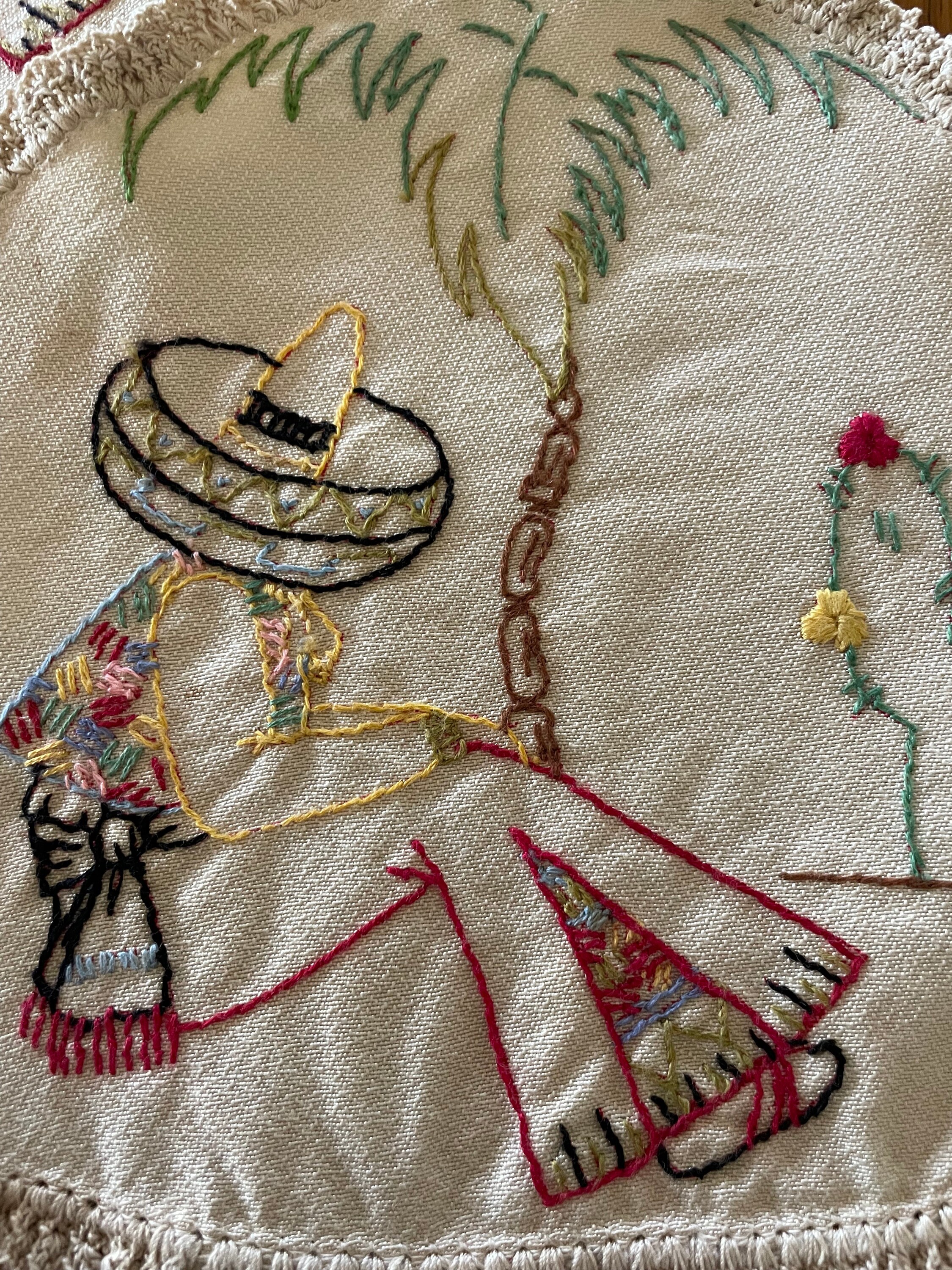 SLEEPING MEXICAN Vintage Hand Stitched Three Piece Duchess/ Doily Set ...