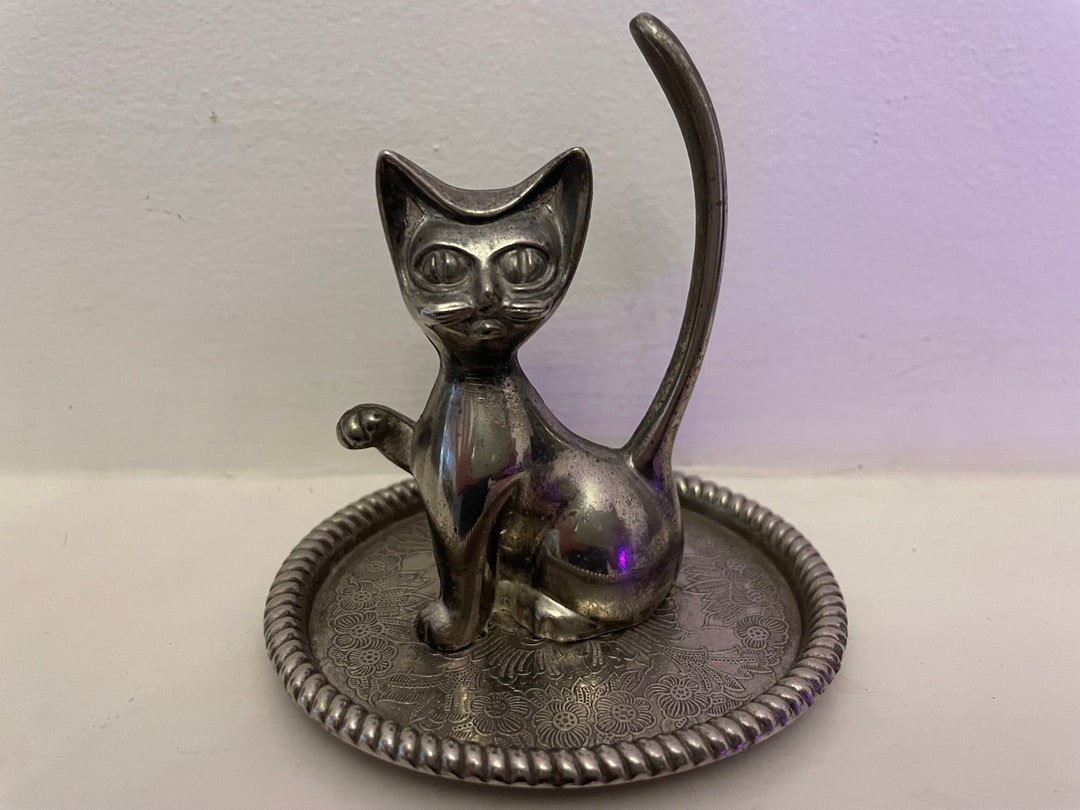 CAT Silver Plated Ring / Trinket Dish. Vintage Ring Dish. Made in Hong ...