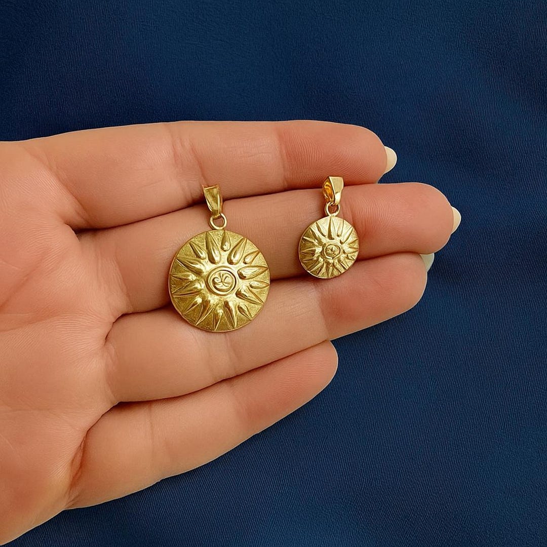14k Gold Sun Face Pendant Necklace, Celestial Medallion Charm, Mother's ...