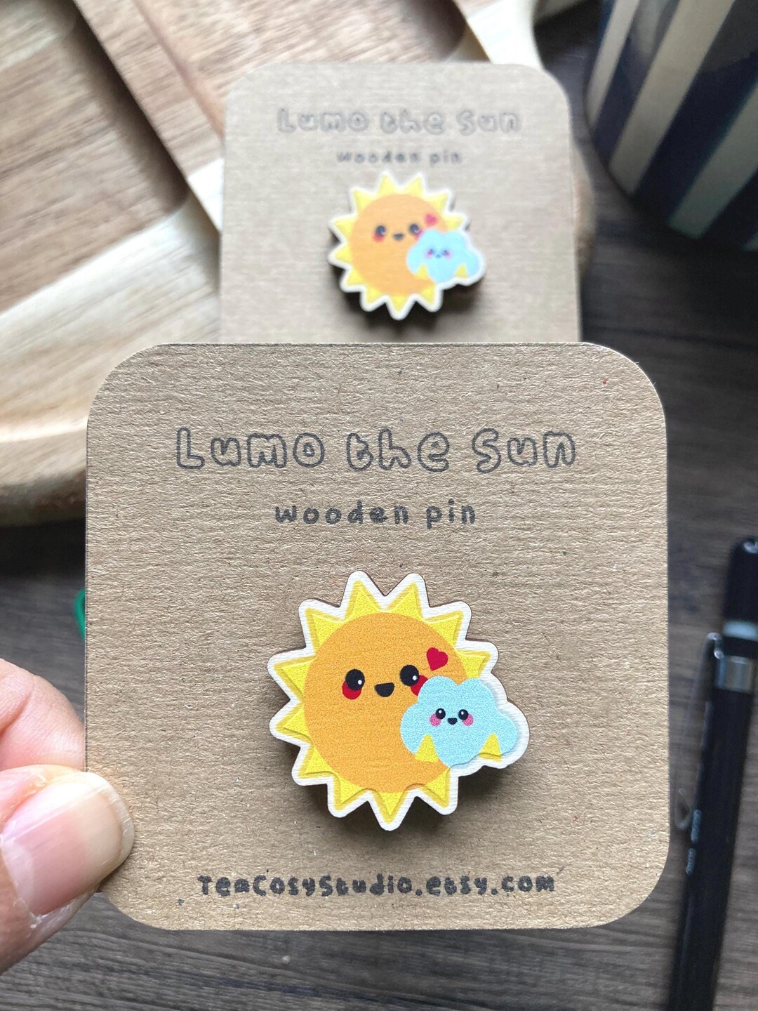 Sun Wooden Pin Badge-cute Kawaii Sun and Cloud Pin Badge-sustainable ...