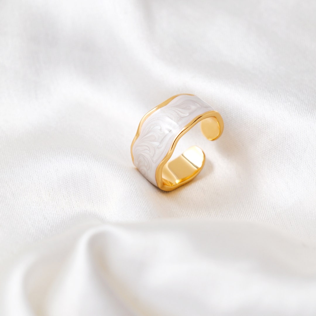 Gold Plated White Enamel Ring, Open Adjustable Band, Unique Stackable ...