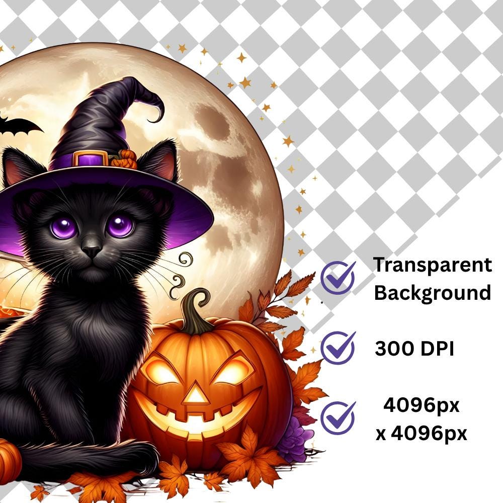 Witch Cat Halloween Clipart 14 PNG, Moonlit Black Cat With Pumpkins ...
