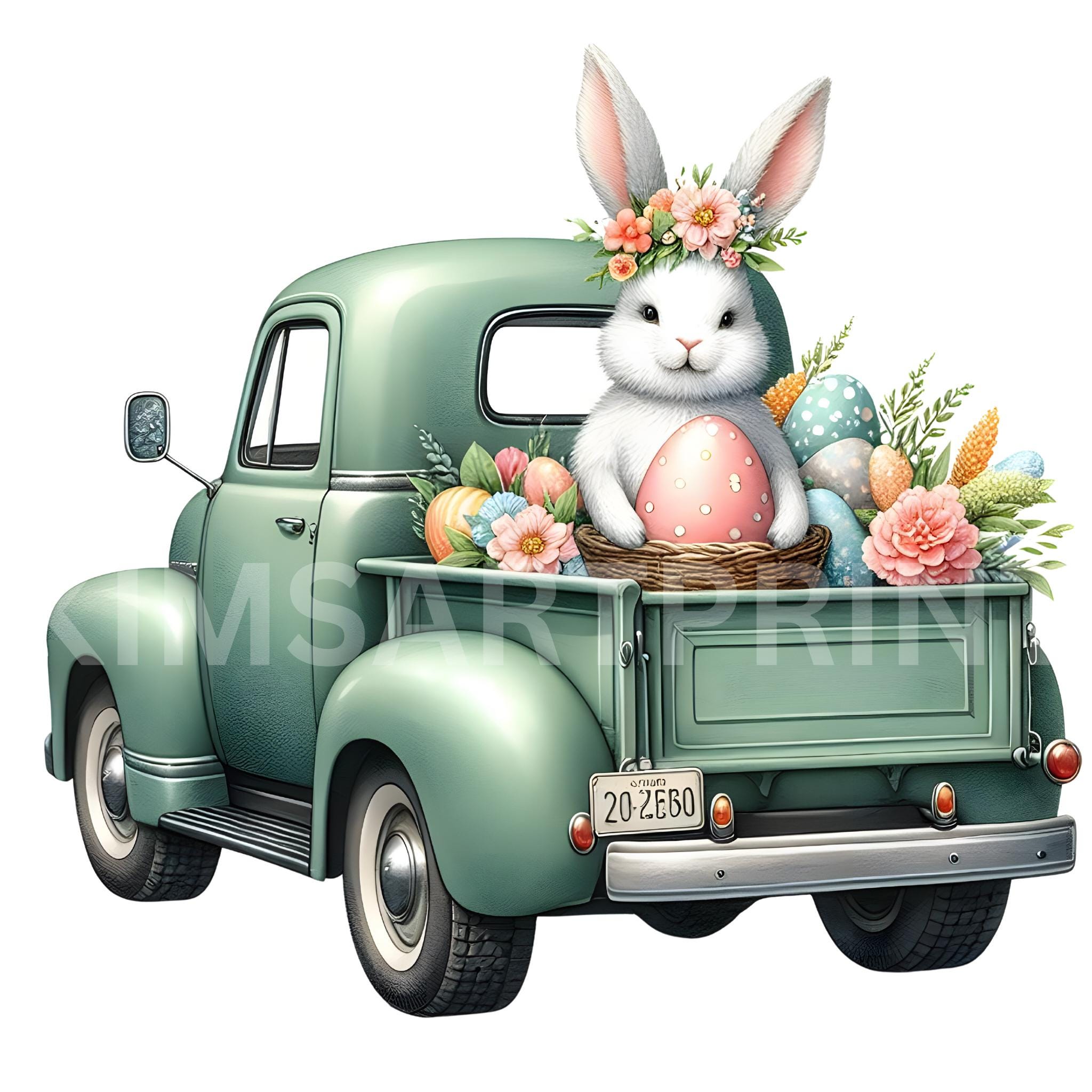 18 Easter Bunny Truck Clipart PNG, Watercolor Floral Rabbit Truck ...