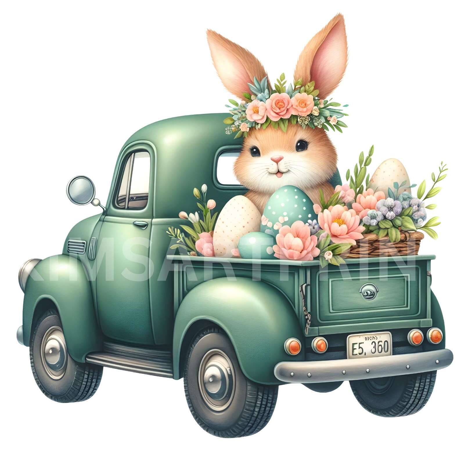 18 Easter Bunny Truck Clipart PNG, Watercolor Floral Rabbit Truck ...