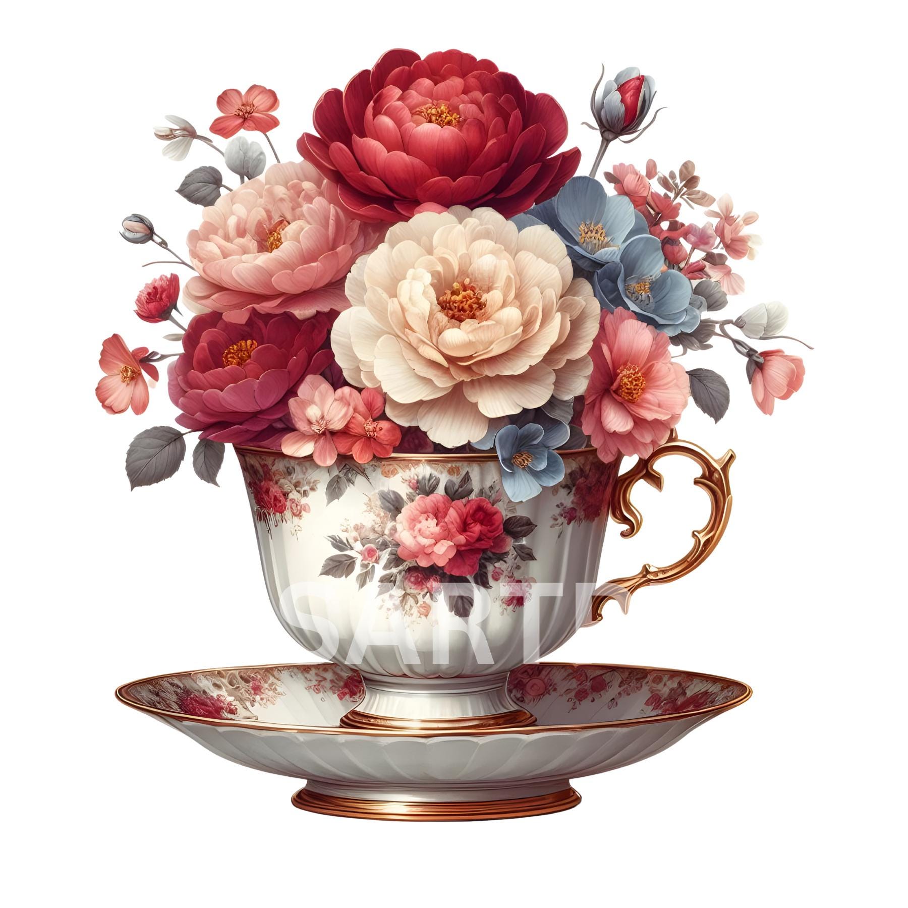 Floral Tea Cup Stack Clipart PNG, Set of 18, Spring Watercolor Vintage ...