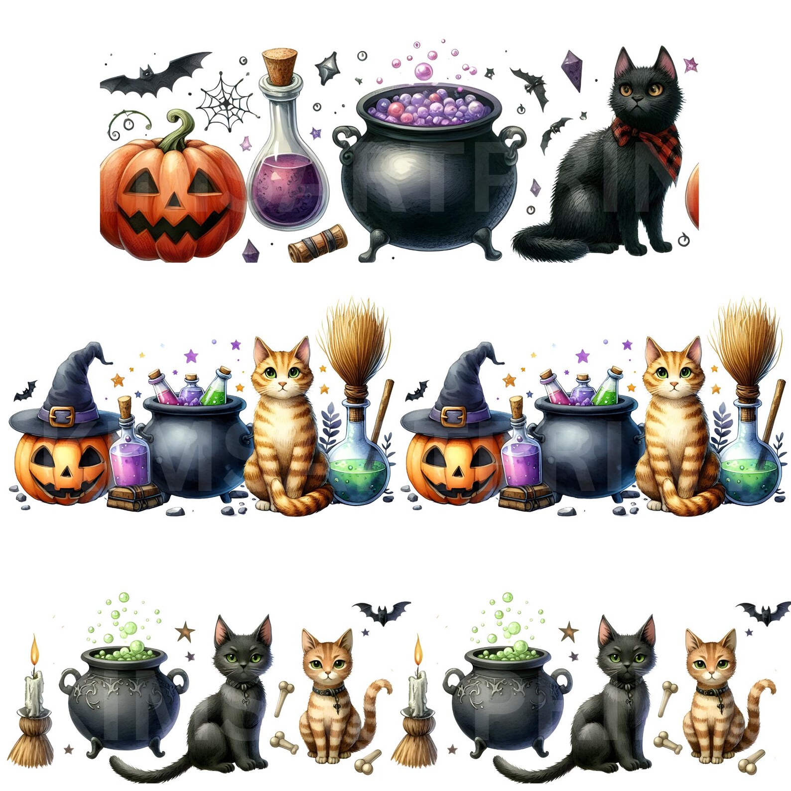 Halloween Border Clipart Bundle, 15 PNG, Watercolor Spooky Banners ...