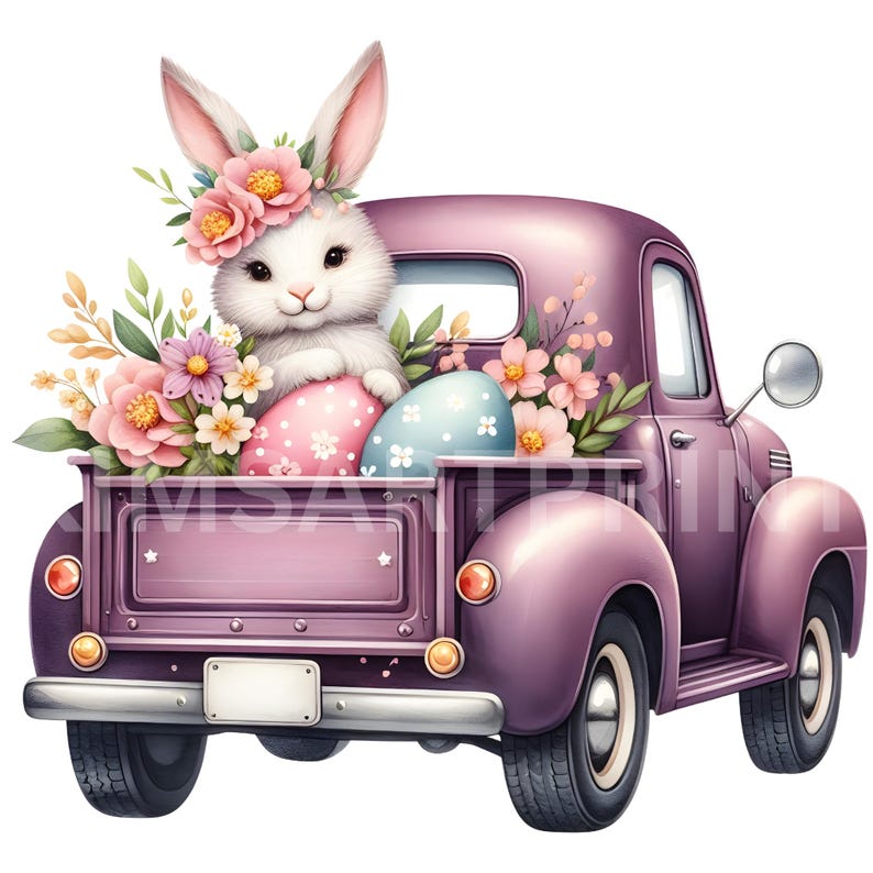 18 Easter Bunny Truck Clipart PNG, Watercolor Floral Rabbit Truck ...