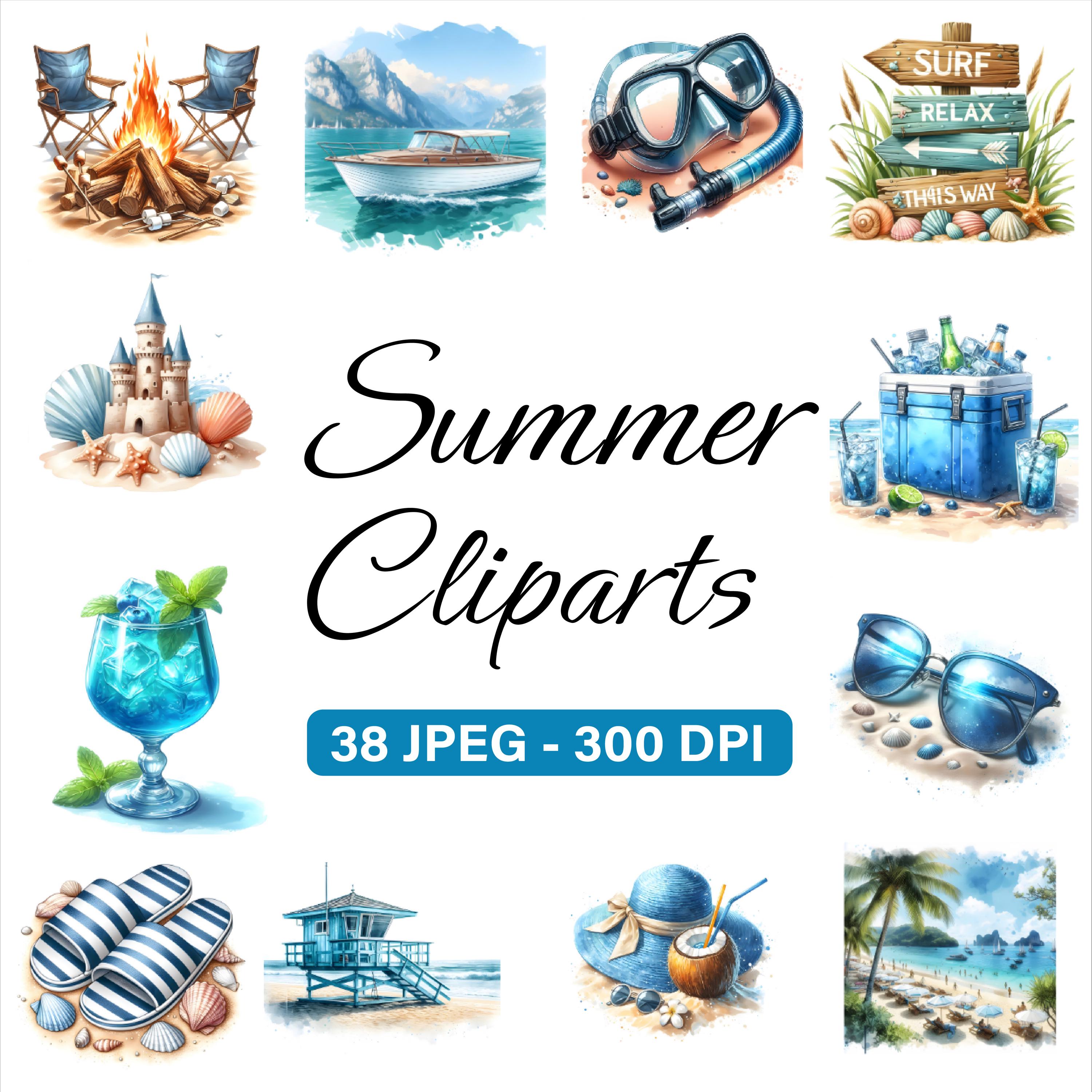 38 Watercolor Beach Clipart Bundle JPEG, Ocean Summer Clipart, Tropical ...