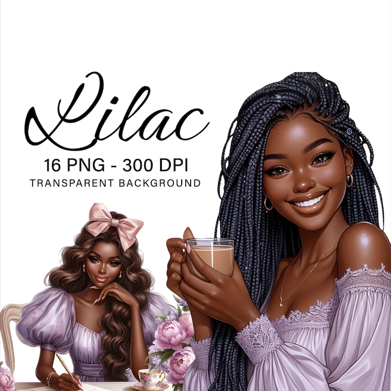 Lilac Black Girl, Black Woman Clipart, African American Planner Clipart ...