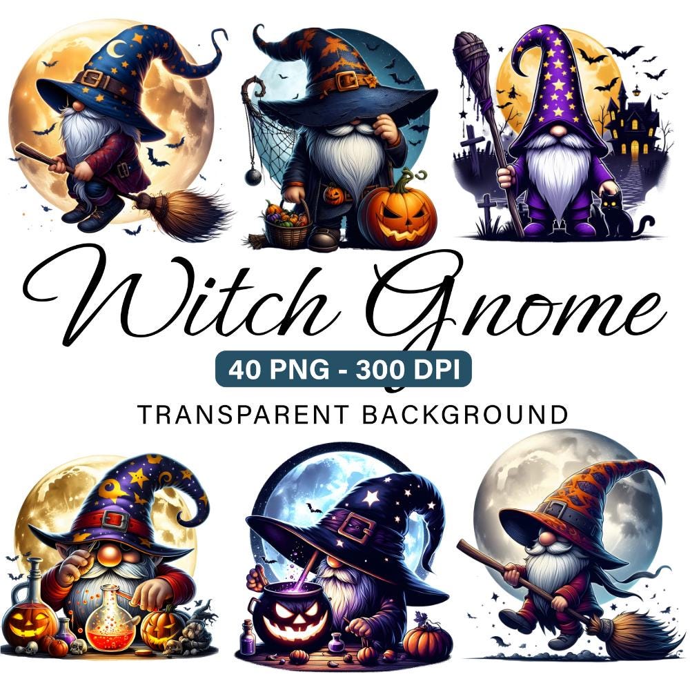 Witch Gnomes Halloween Clipart, 40 PNG Spooky Clipart Bundle Cute ...