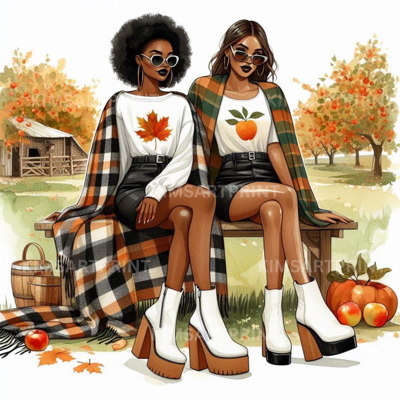 Fall Black Girl Best Friend Clipart, Set of 10 JPEG, Watercolor Cozy ...