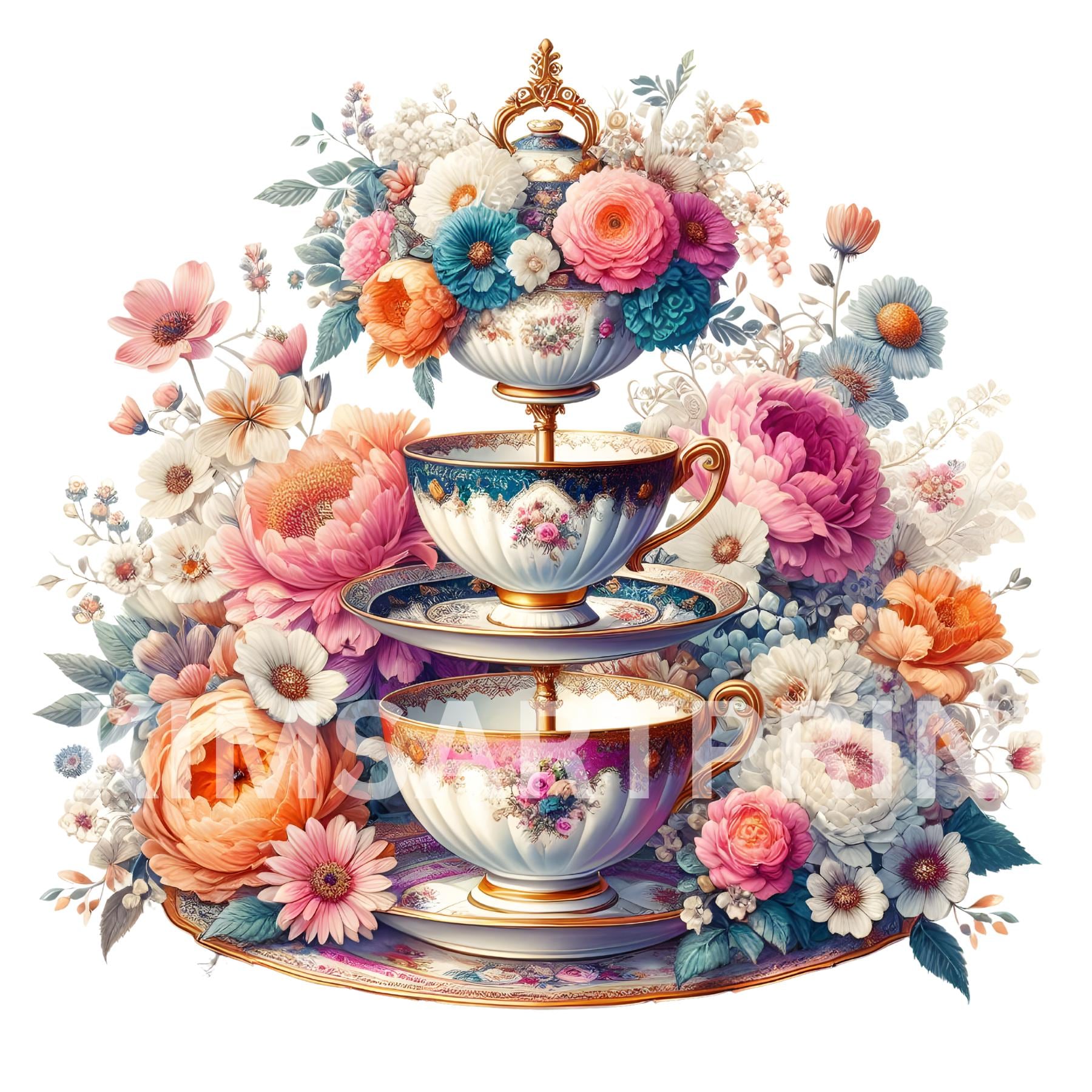 Floral Tea Cup Stack Clipart PNG, Set of 18, Spring Watercolor Vintage ...