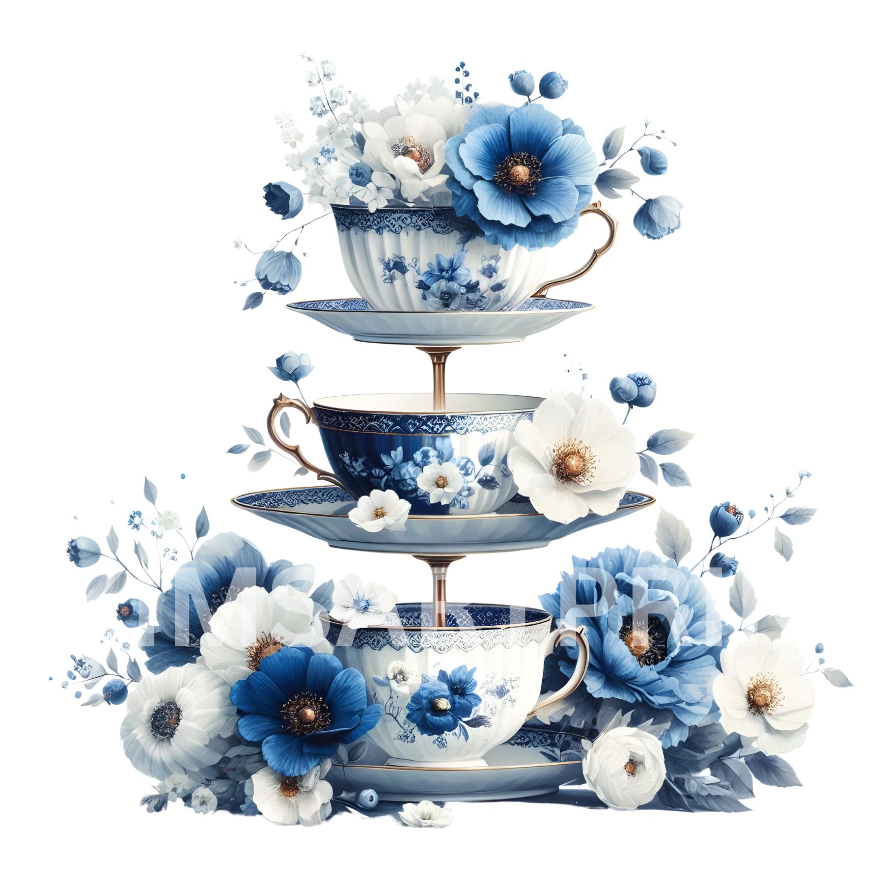 Floral Tea Cup Stack Clipart PNG, Set of 18, Spring Watercolor Vintage ...