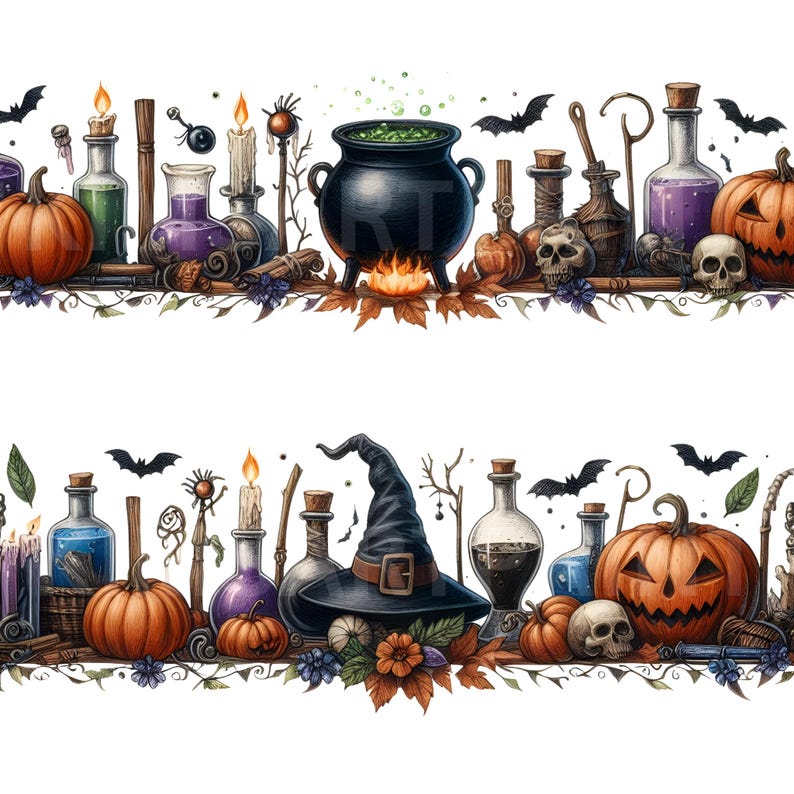 Halloween Border Clipart Bundle, 15 PNG, Watercolor Spooky Banners ...