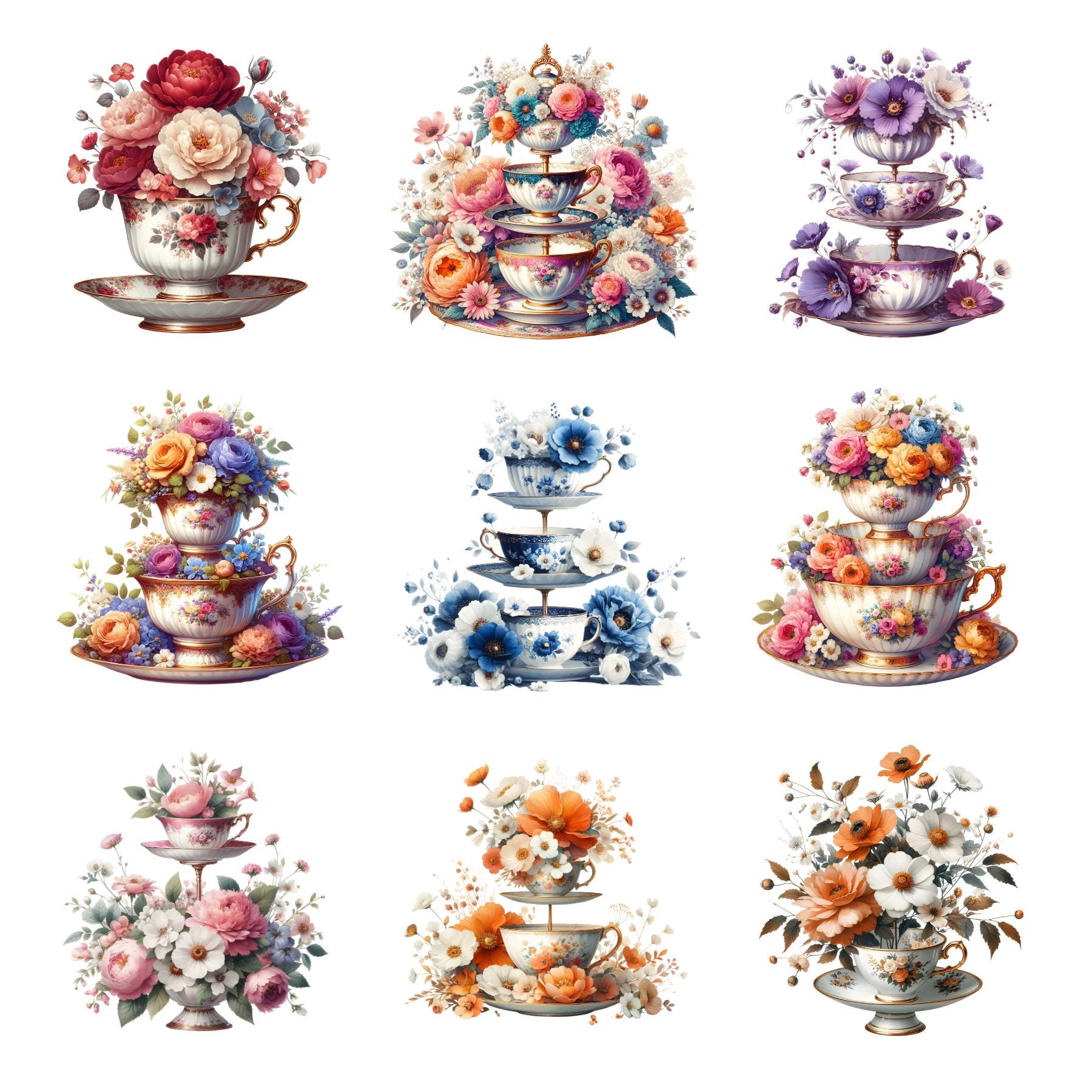 Floral Tea Cup Stack Clipart PNG, Set of 18, Spring Watercolor Vintage ...