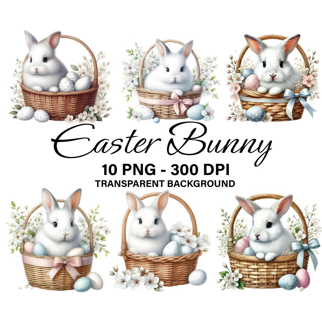 Watercolor Easter Bunny Clipart, Set of 10 PNG, White Spring Rabbit ...