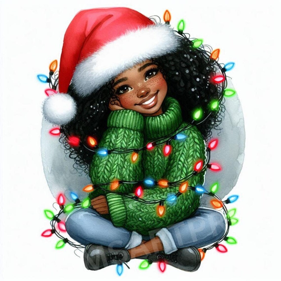 10 Black Girl Christmas Clipart, African American Girl in Green Sweater ...