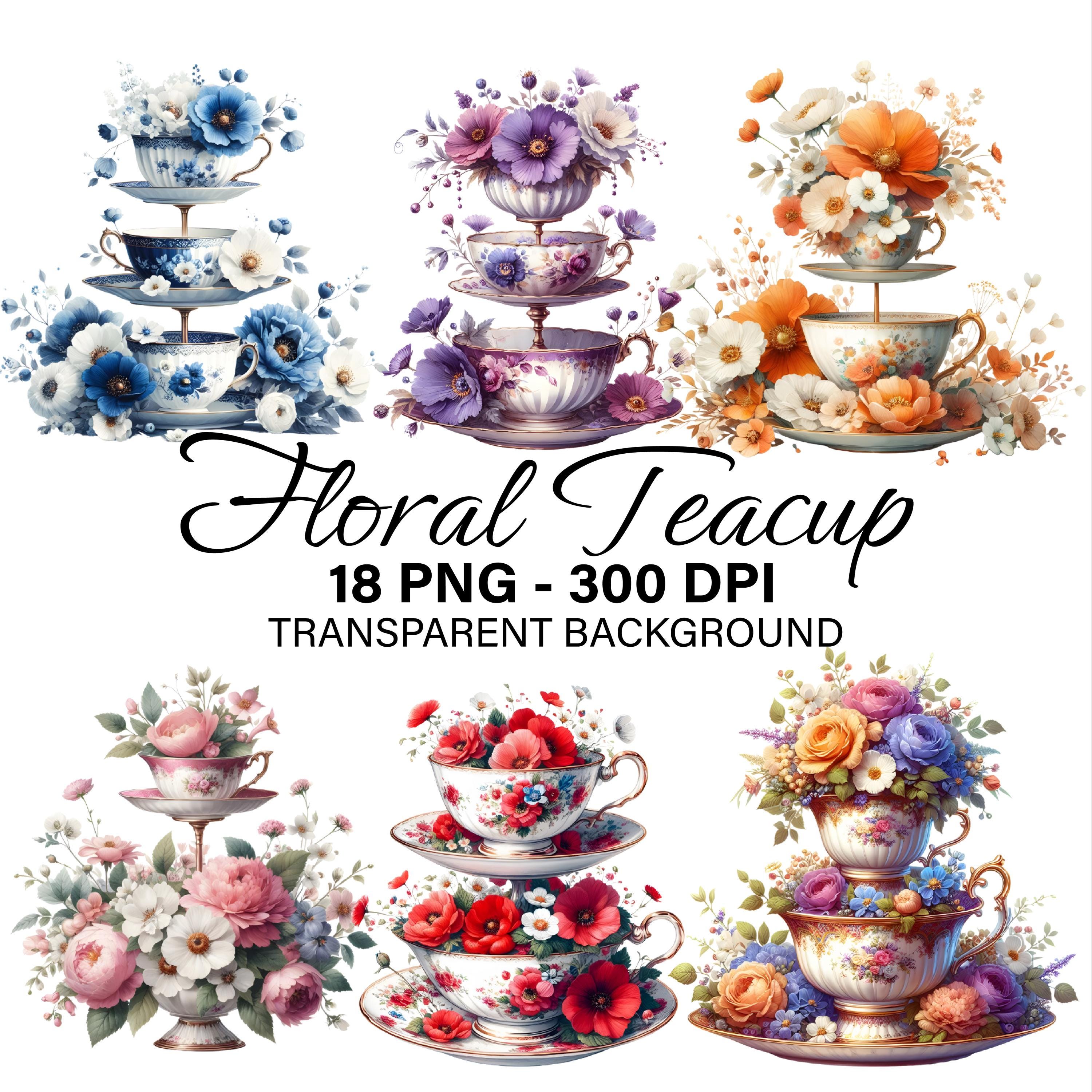 Floral Tea Cup Stack Clipart PNG, Set of 18, Spring Watercolor Vintage ...