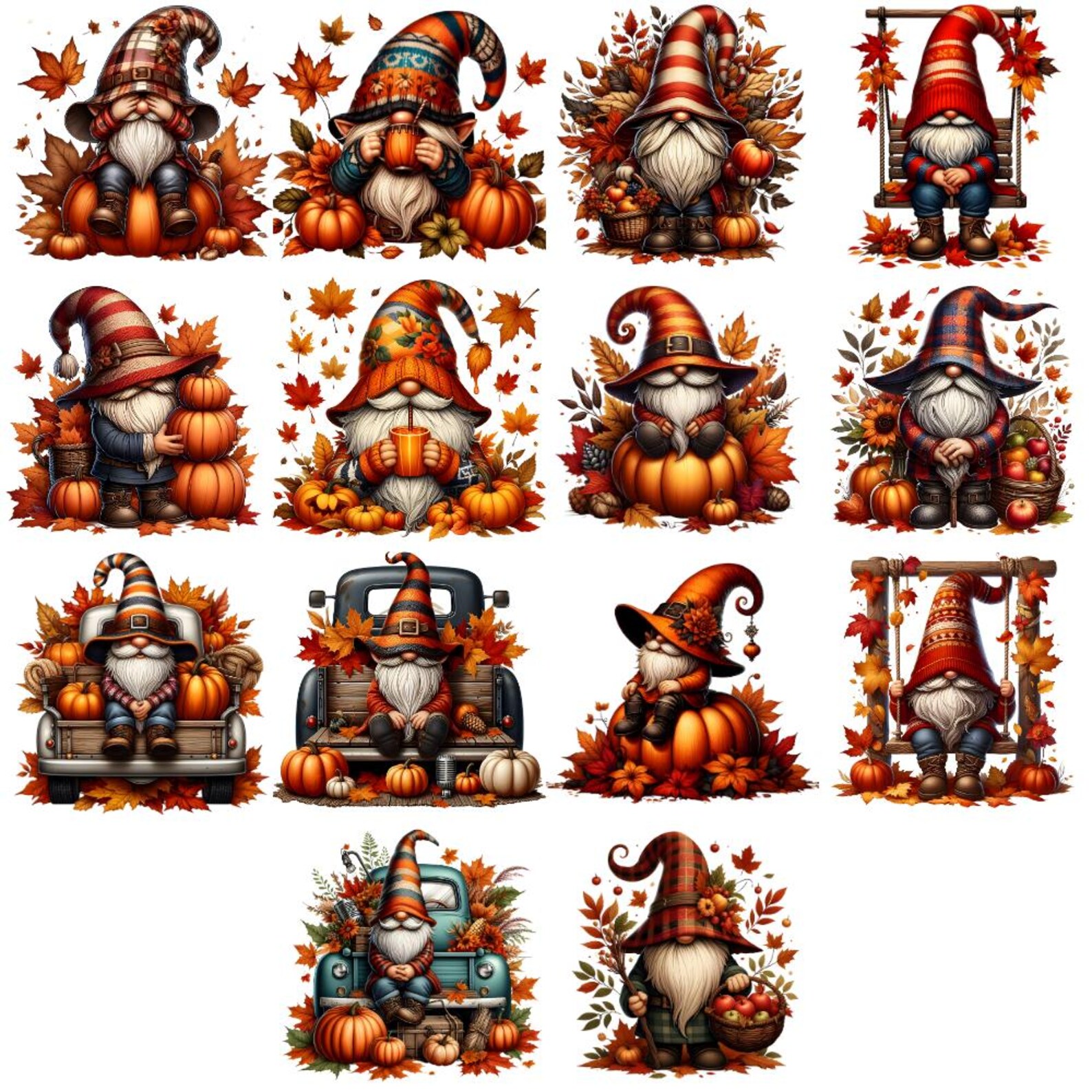 Autumn Gnome Clipart PNG, Set of 14, Fall Gnomes With Pumpkins & Leaves ...