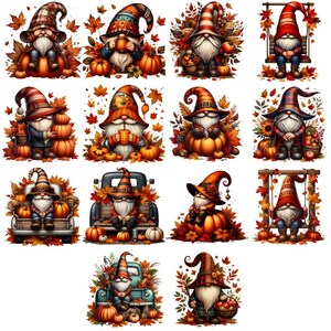 Autumn Gnome Clipart PNG, Set of 14, Fall Gnomes With Pumpkins & Leaves ...