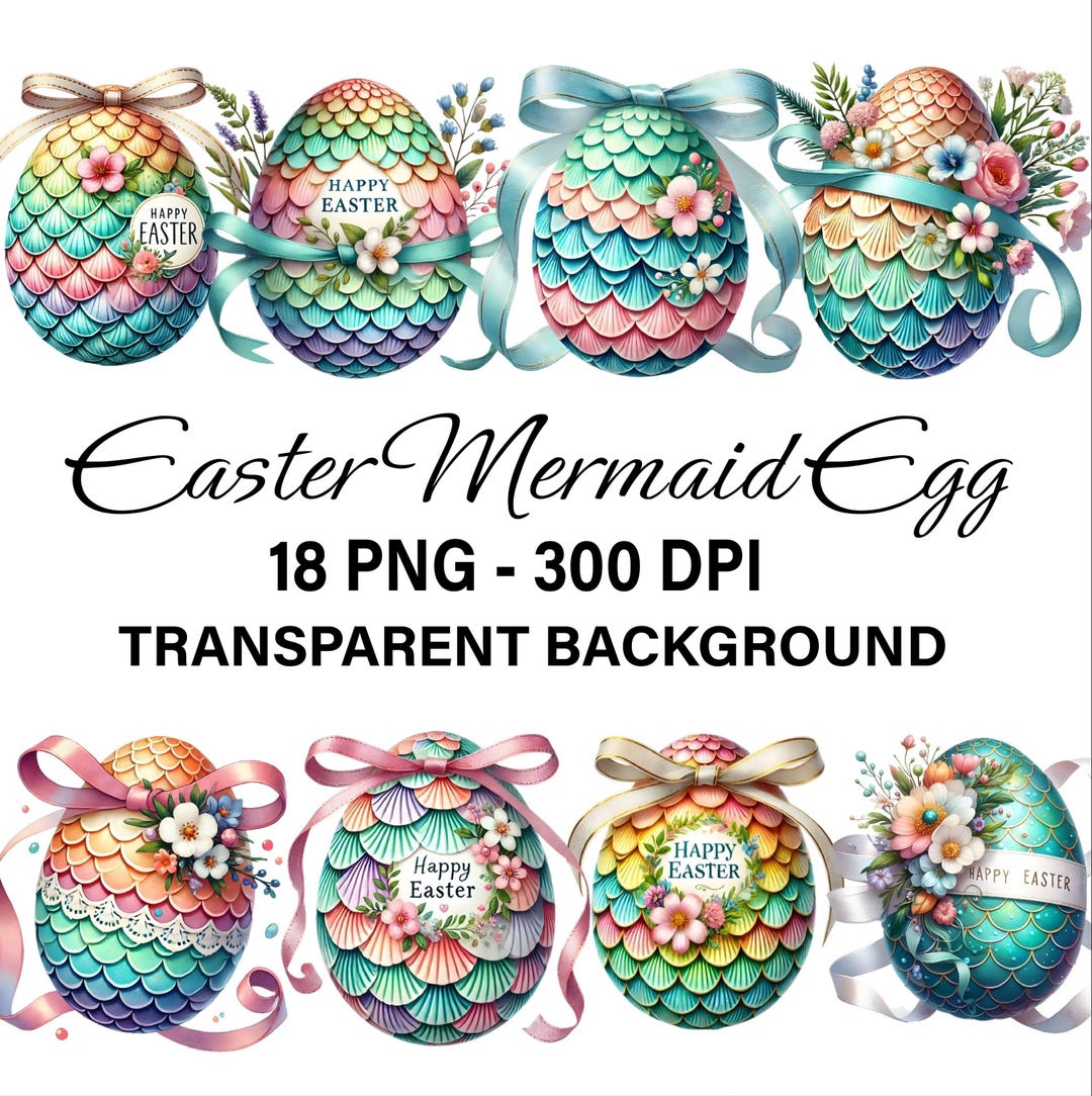 Easter Egg Mermaid Clipart, Set of 18 PNG, Transparent Watercolor ...