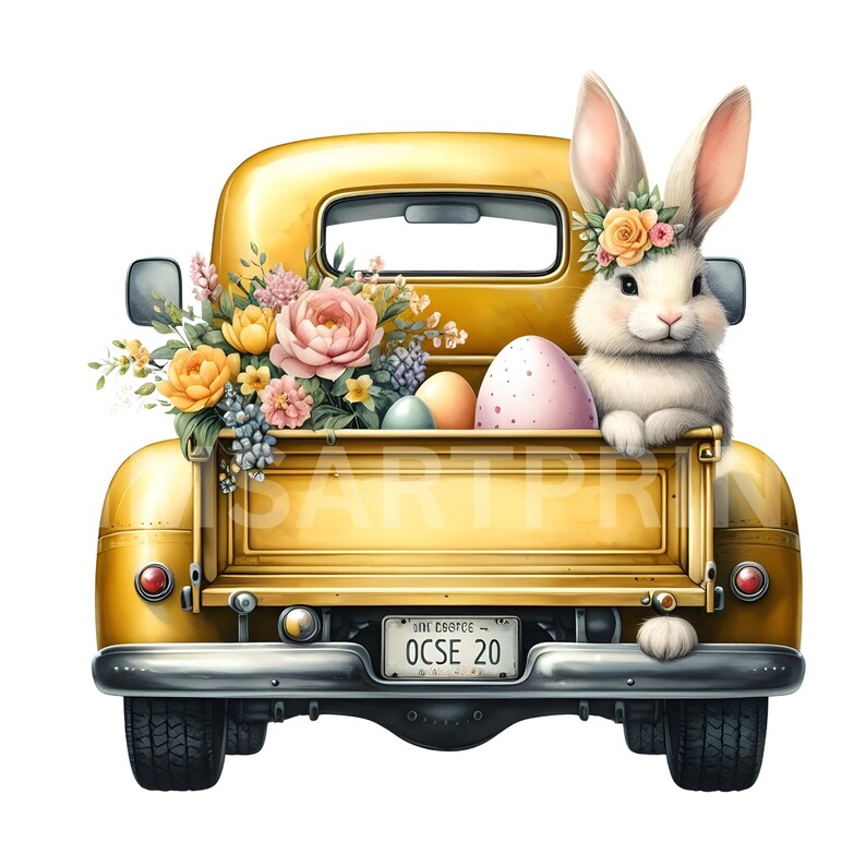 18 Easter Bunny Truck Clipart PNG, Watercolor Floral Rabbit Truck ...