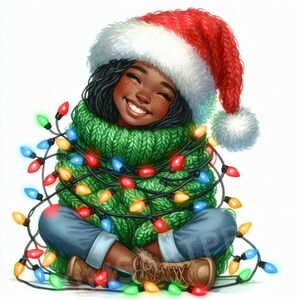 10 Black Girl Christmas Clipart, African American Girl in Green Sweater ...