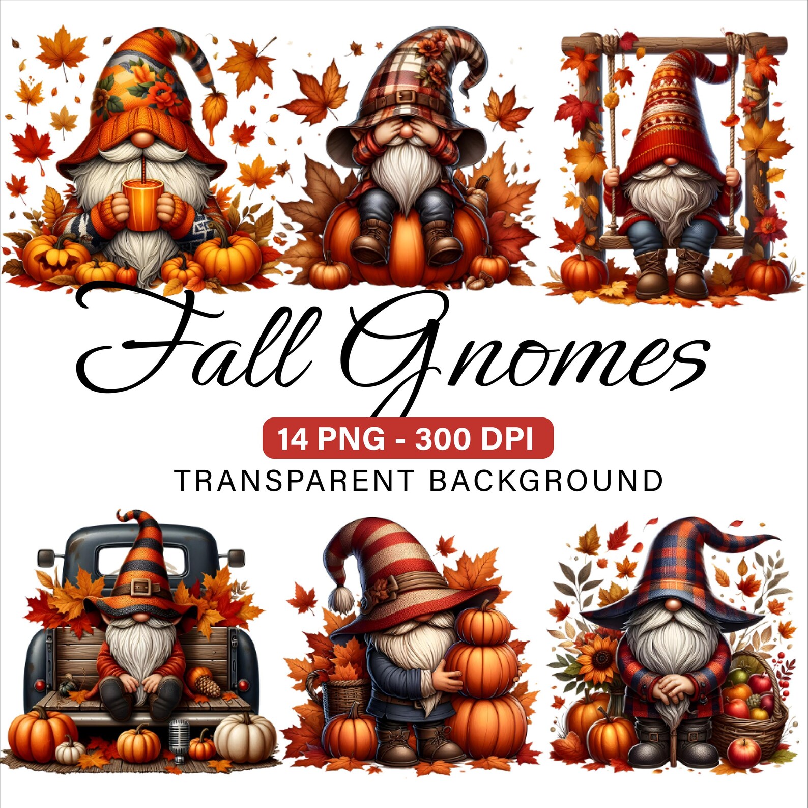Autumn Gnome Clipart PNG, Set of 14, Fall Gnomes With Pumpkins & Leaves ...