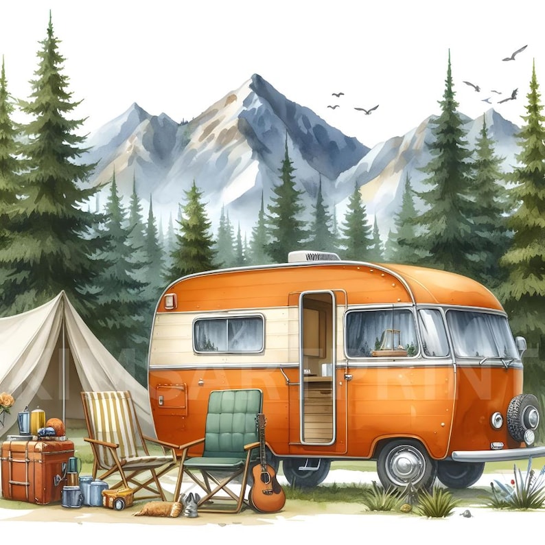 13 Watercolor Caravan Camper Trailer Clipart, JPEG Trailer Clipart ...