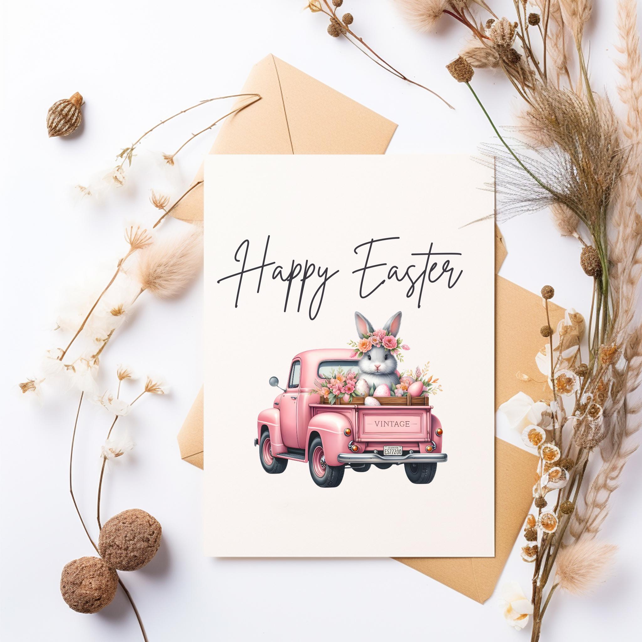 18 Easter Bunny Truck Clipart PNG, Watercolor Floral Rabbit Truck ...
