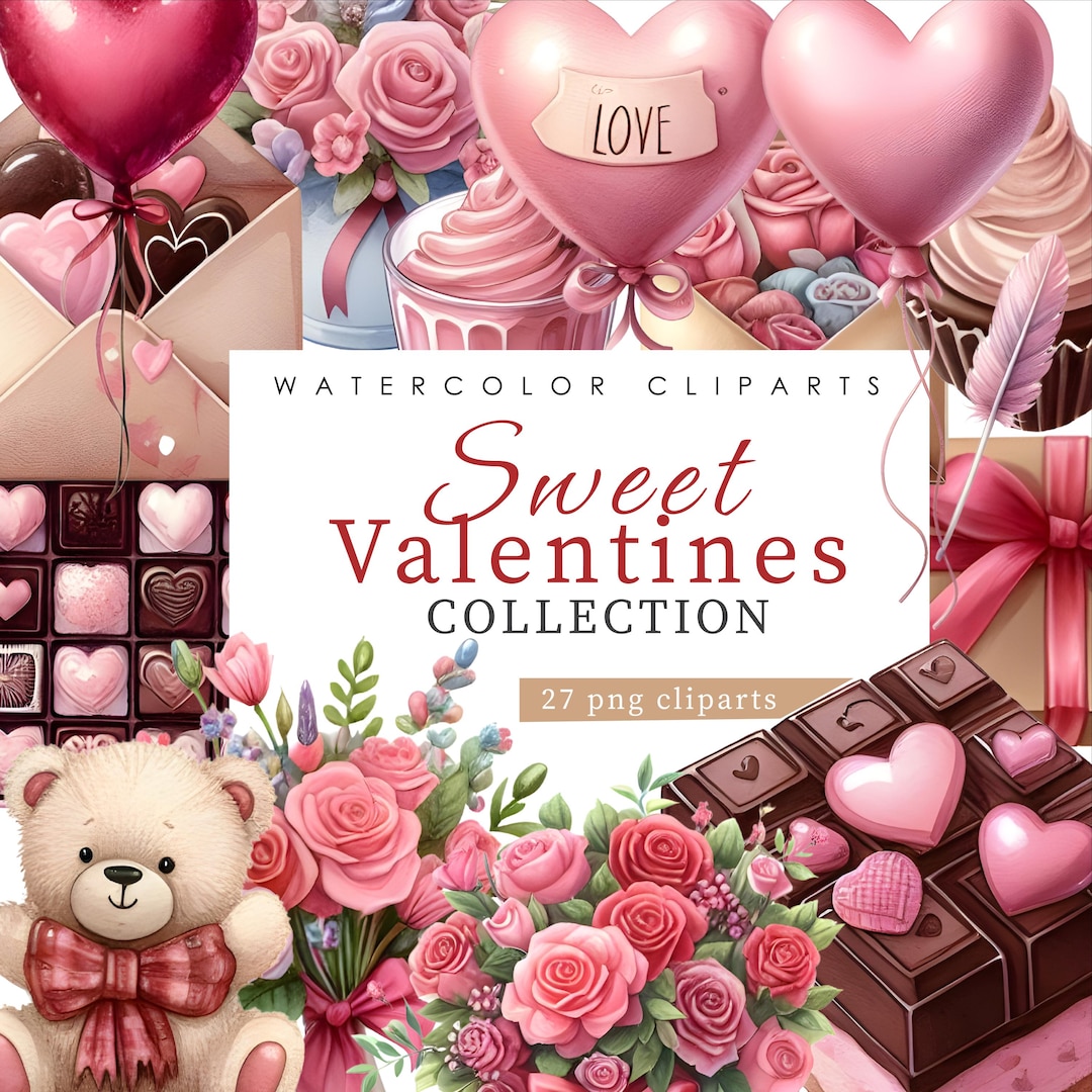 Sweet Valentine Clipart, Watercolor Valentines Day Clipart Bundle ...