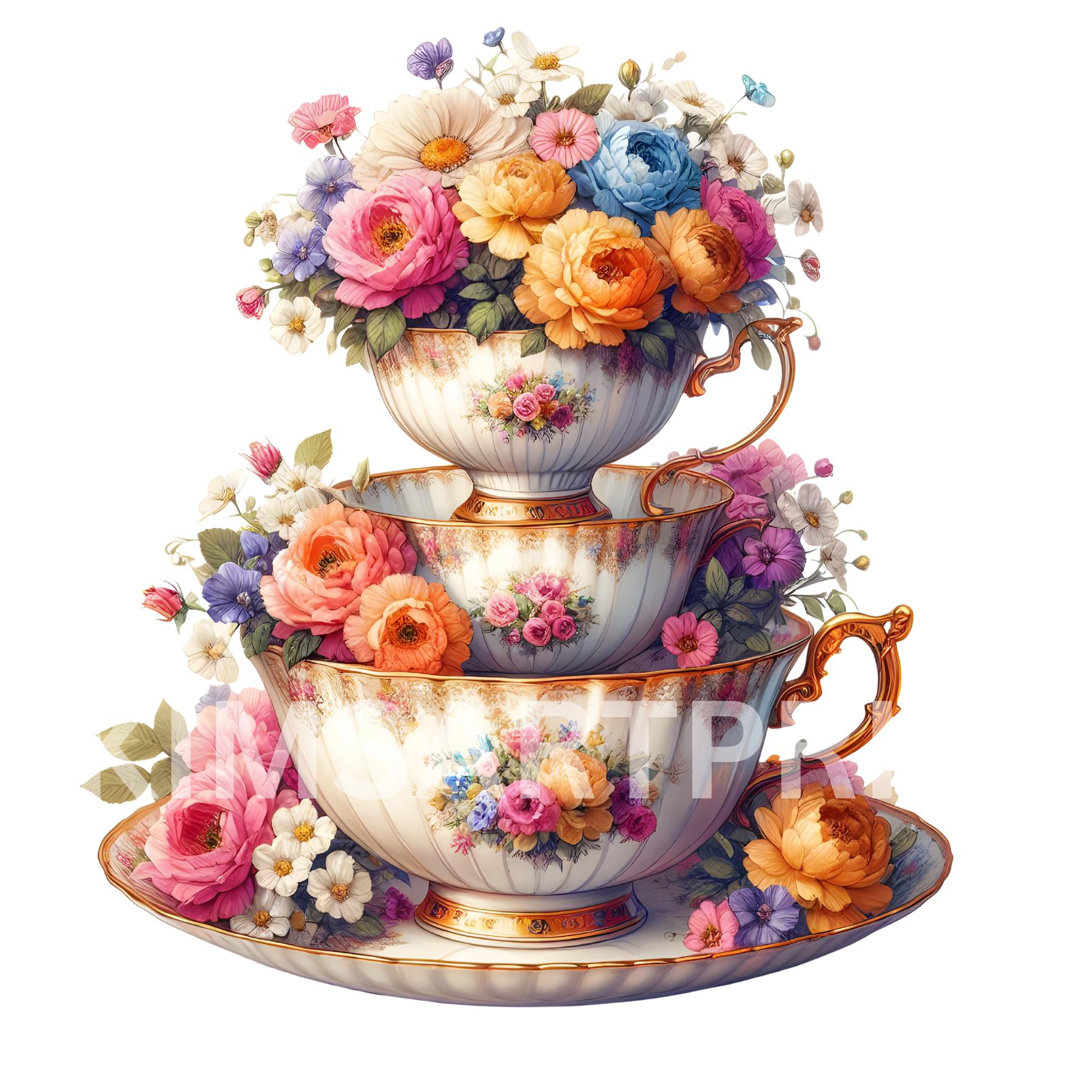 Floral Tea Cup Stack Clipart PNG, Set of 18, Spring Watercolor Vintage ...