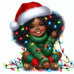 10 Black Girl Christmas Clipart, African American Girl in Green Sweater ...