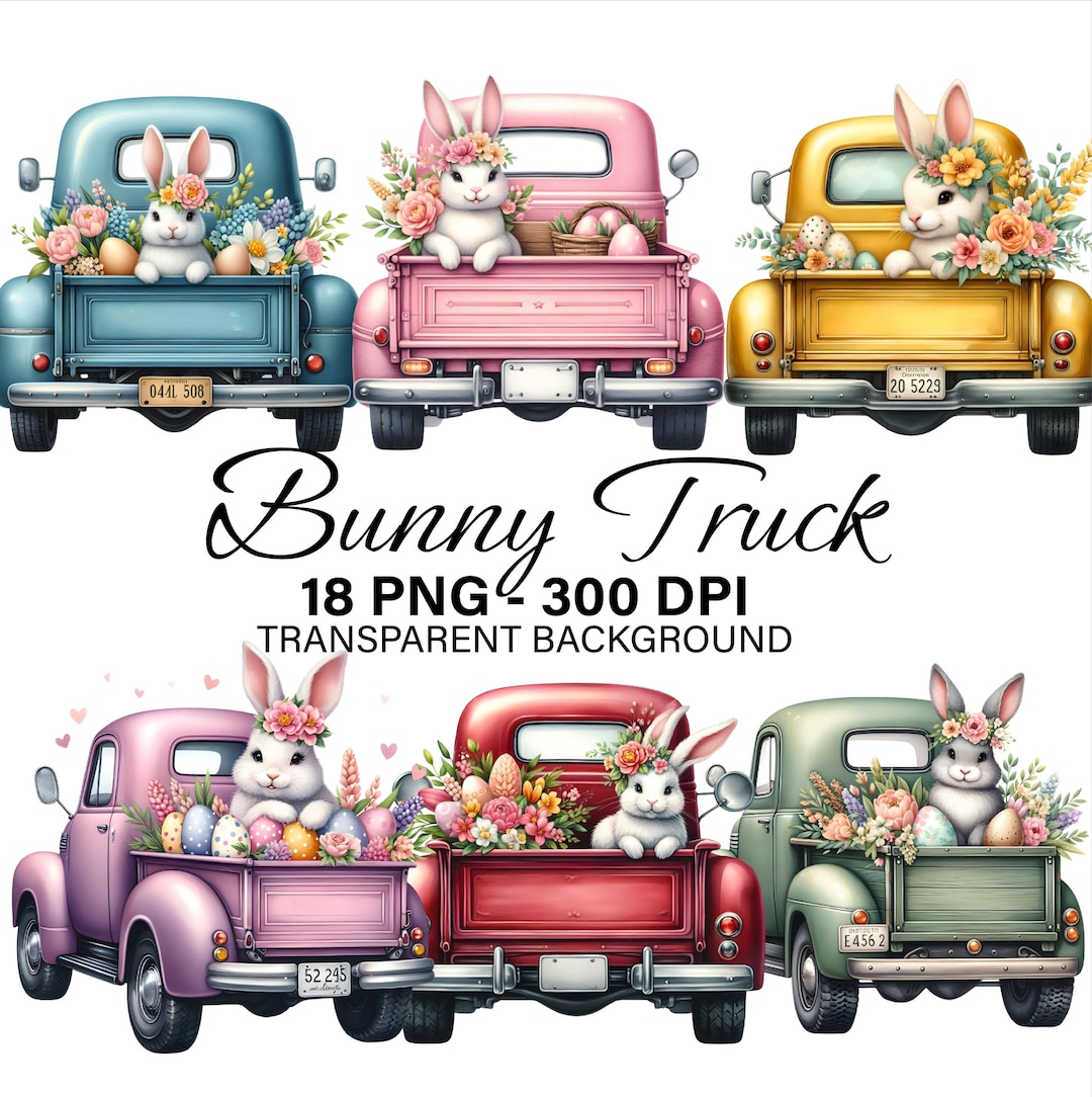 18 Easter Bunny Truck Clipart PNG, Watercolor Floral Rabbit Truck ...