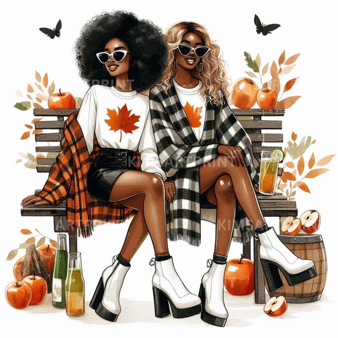Fall Black Girl Best Friend Clipart, Set of 10 JPEG, Watercolor Cozy ...