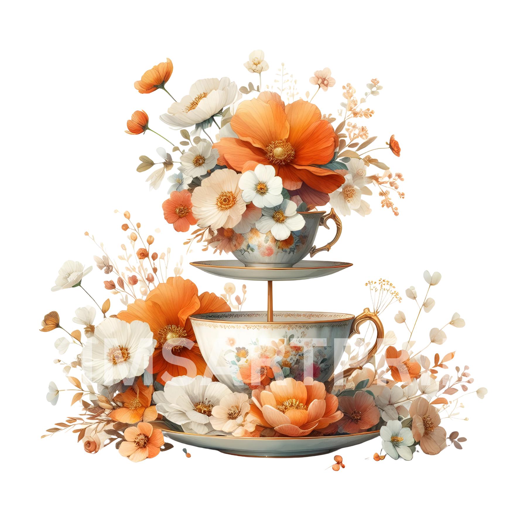 Floral Tea Cup Stack Clipart PNG, Set of 18, Spring Watercolor Vintage ...