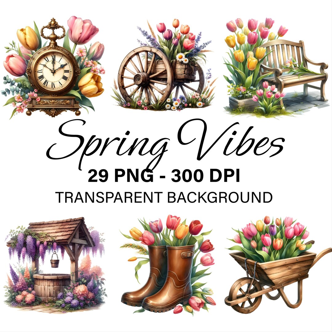 Spring Clipart Bundle PNG, Set of 29, Floral Hello Spring Images ...