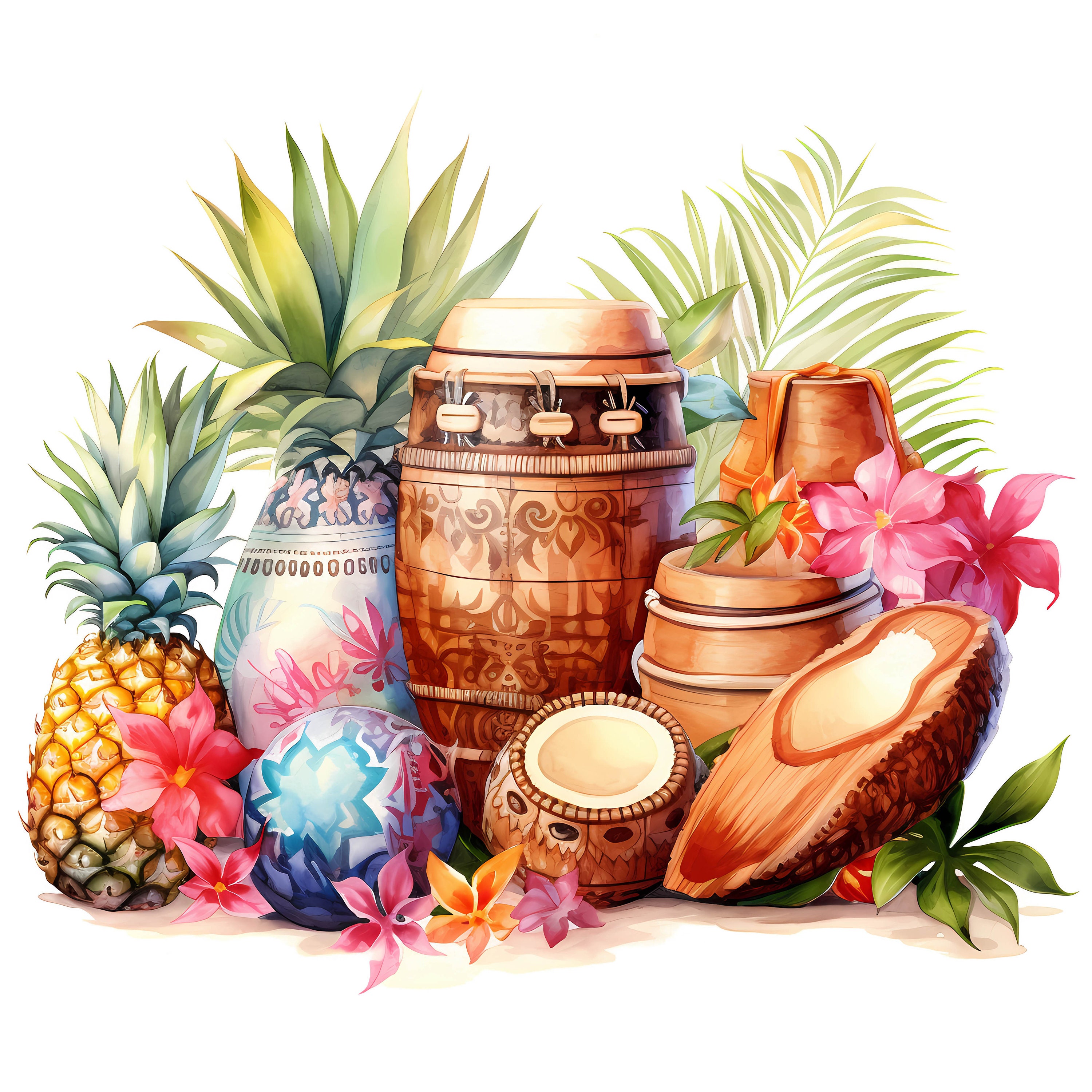 Hawaii Design Elements Watercolor Drawing Clipart Bundle, Tropical ...