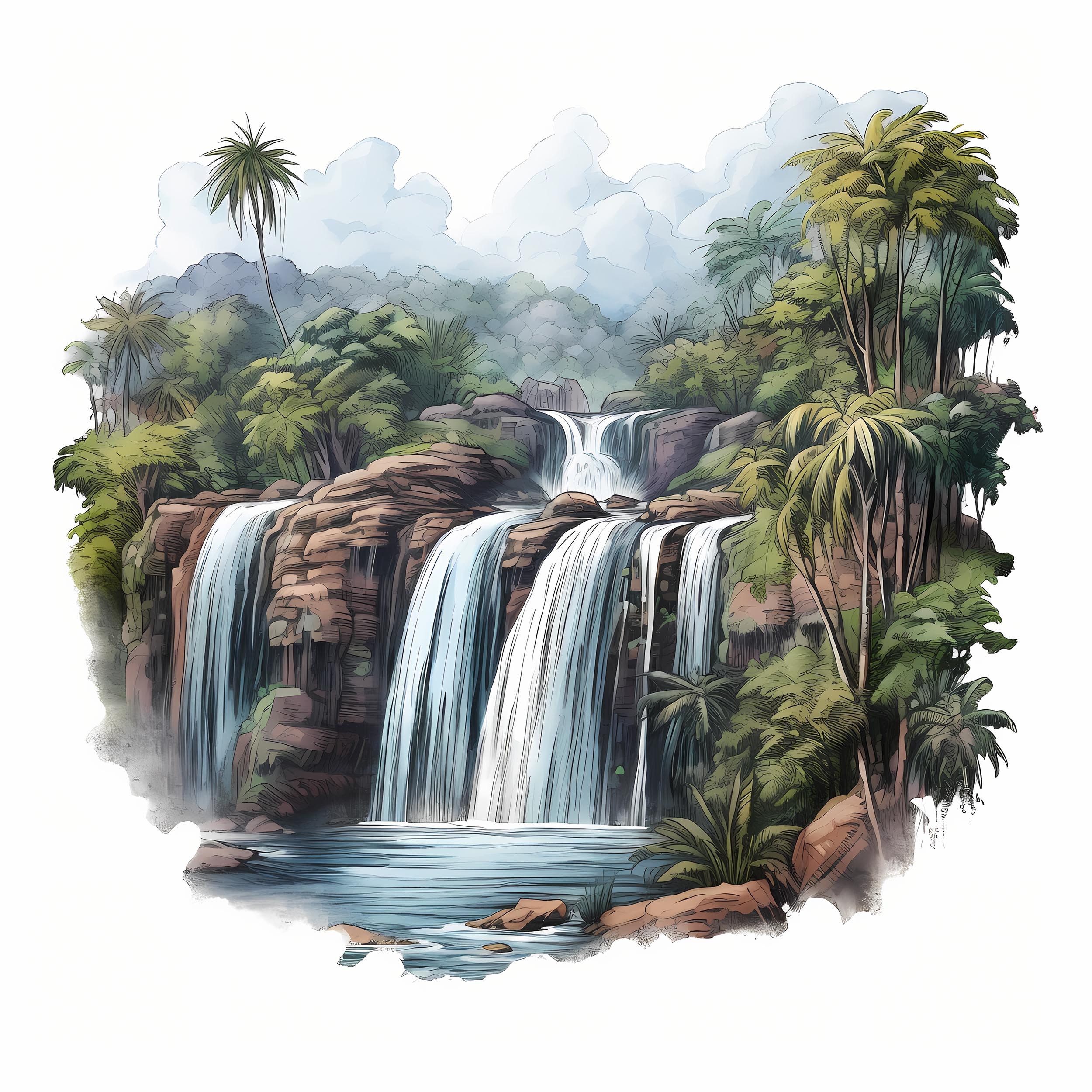 Misty Tropical Waterfall Watercolor Bundle, Tropical Waterfall ...