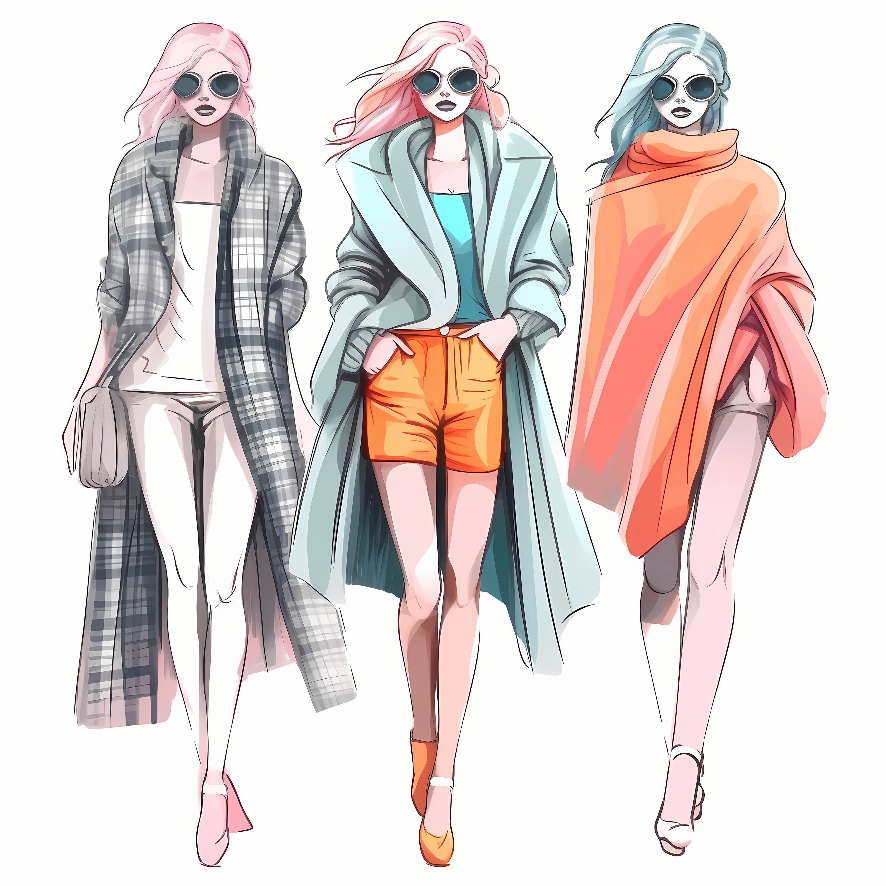 Watercolor Vibrant Fashion Girl Clipart Modern Street Fashion - Etsy