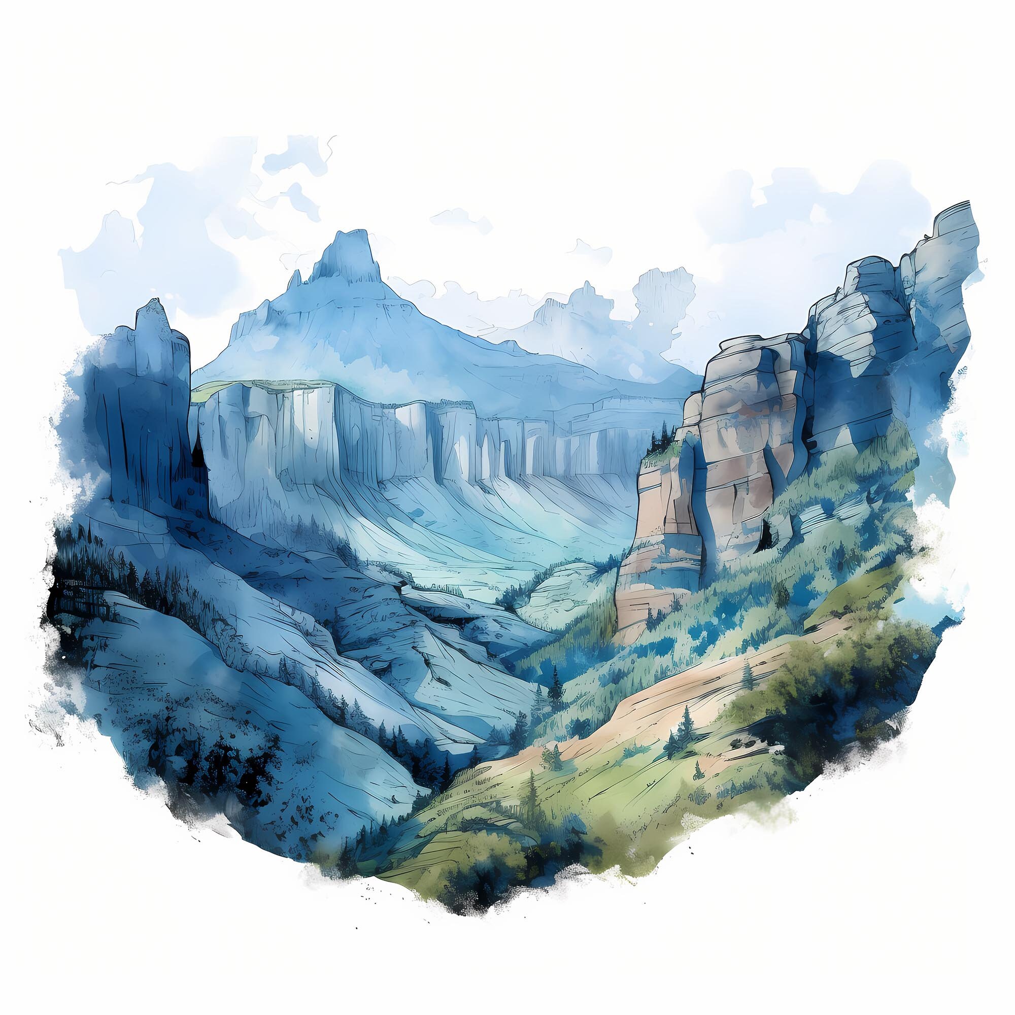 Blue Mountains National Park Watercolor Sketch Art Bundle, Blue ...