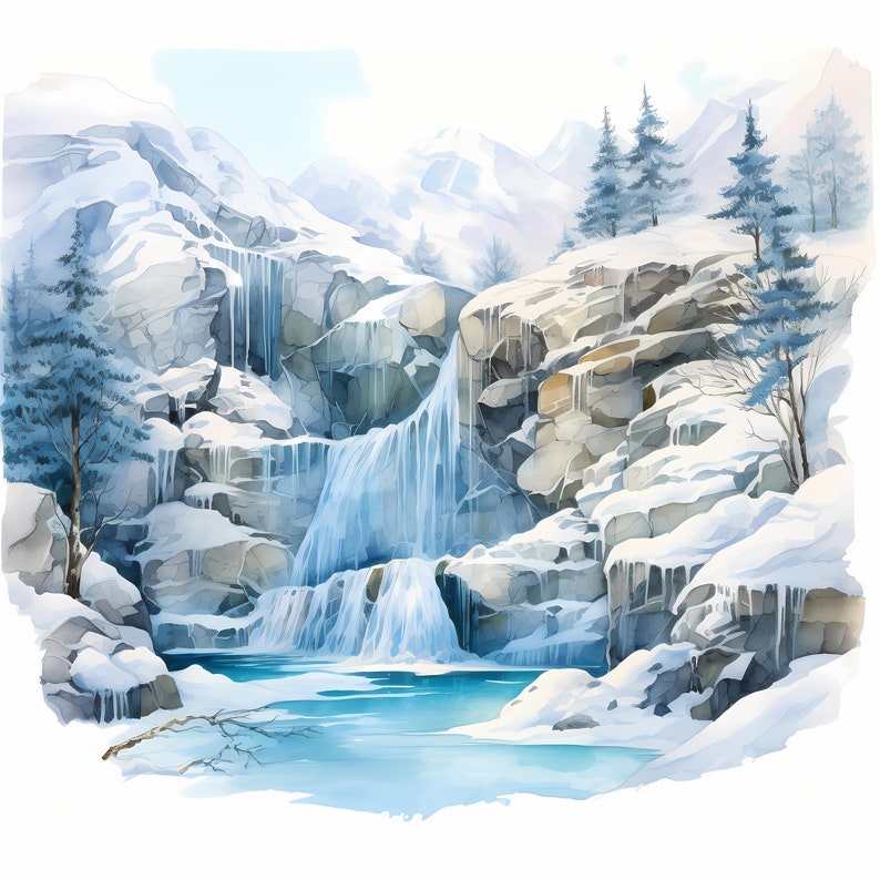 Beautiful Frozen Waterfall Watercolor Clipart Bundle, Frozen Waterfall ...