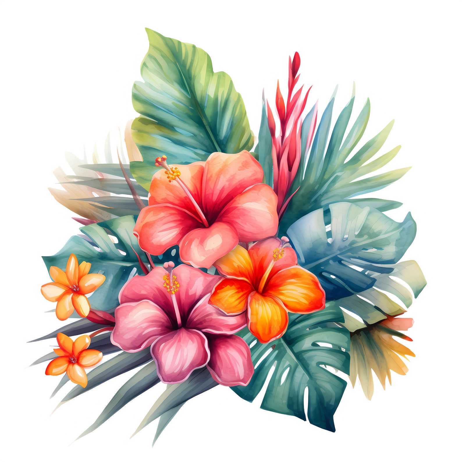 Hawaiian Flowers Watercolor Drawing Clipart Bundle, Tropical Paradise ...
