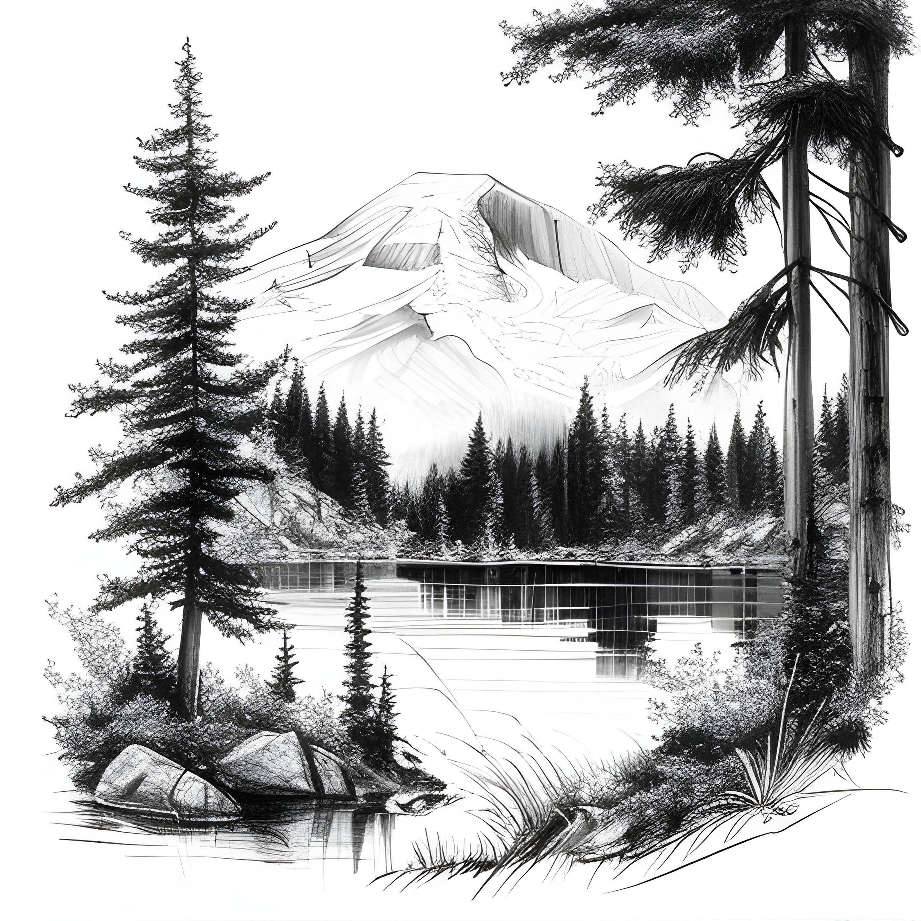 Minimalist Sketched Mountain Landscape Lake Clipart Mountain - Etsy