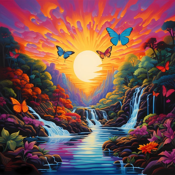 Wallpaper Waterfall Sunset Nature Drawing