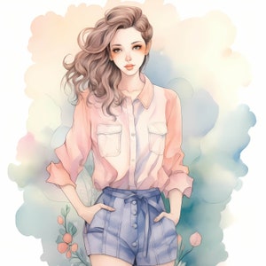 Pastel Pencil Sketch Stylish Fashion Girl Watercolor Clipart, Elegant ...
