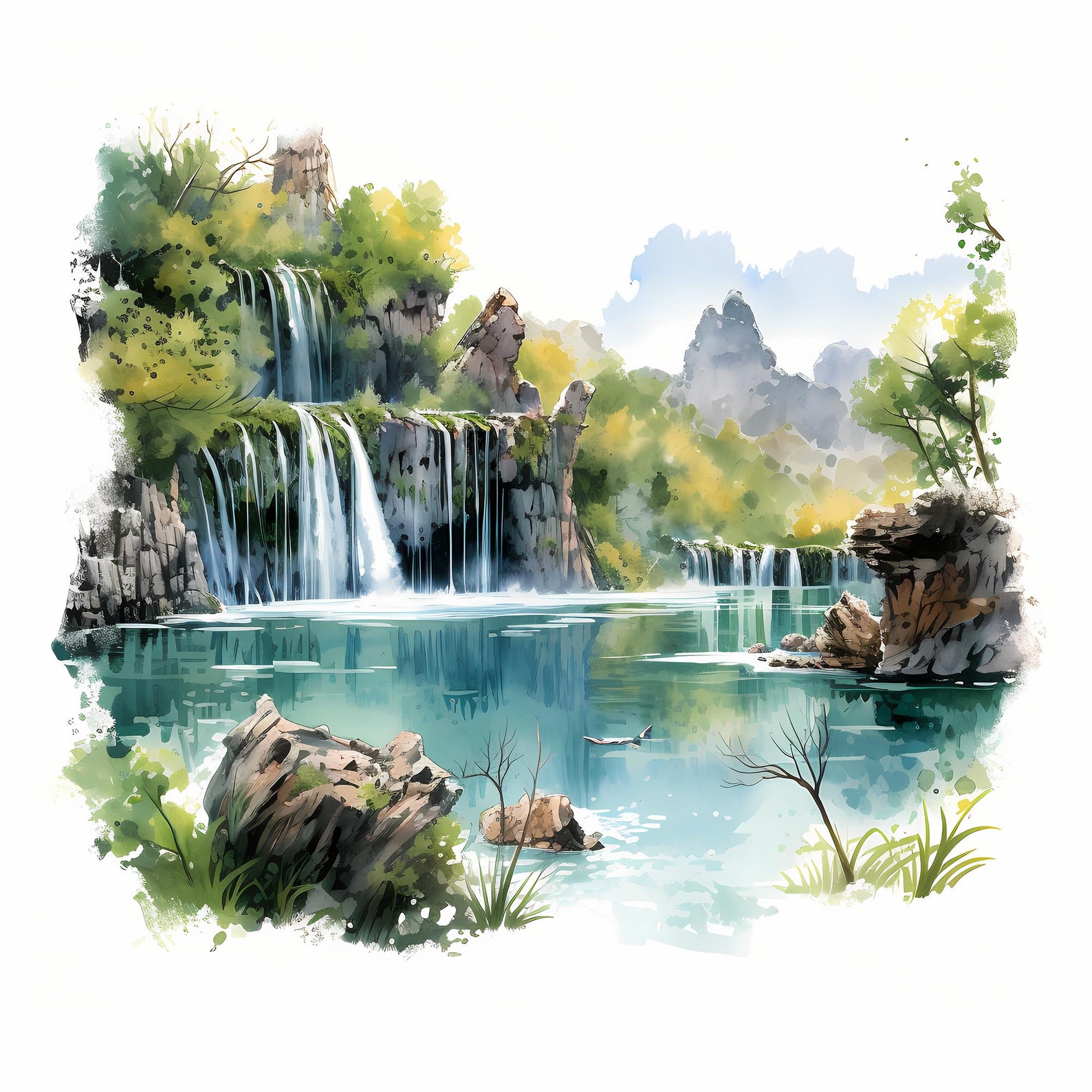 Plitvice Lakes National Park Watercolor Sketch, Plitvice Lakes National ...