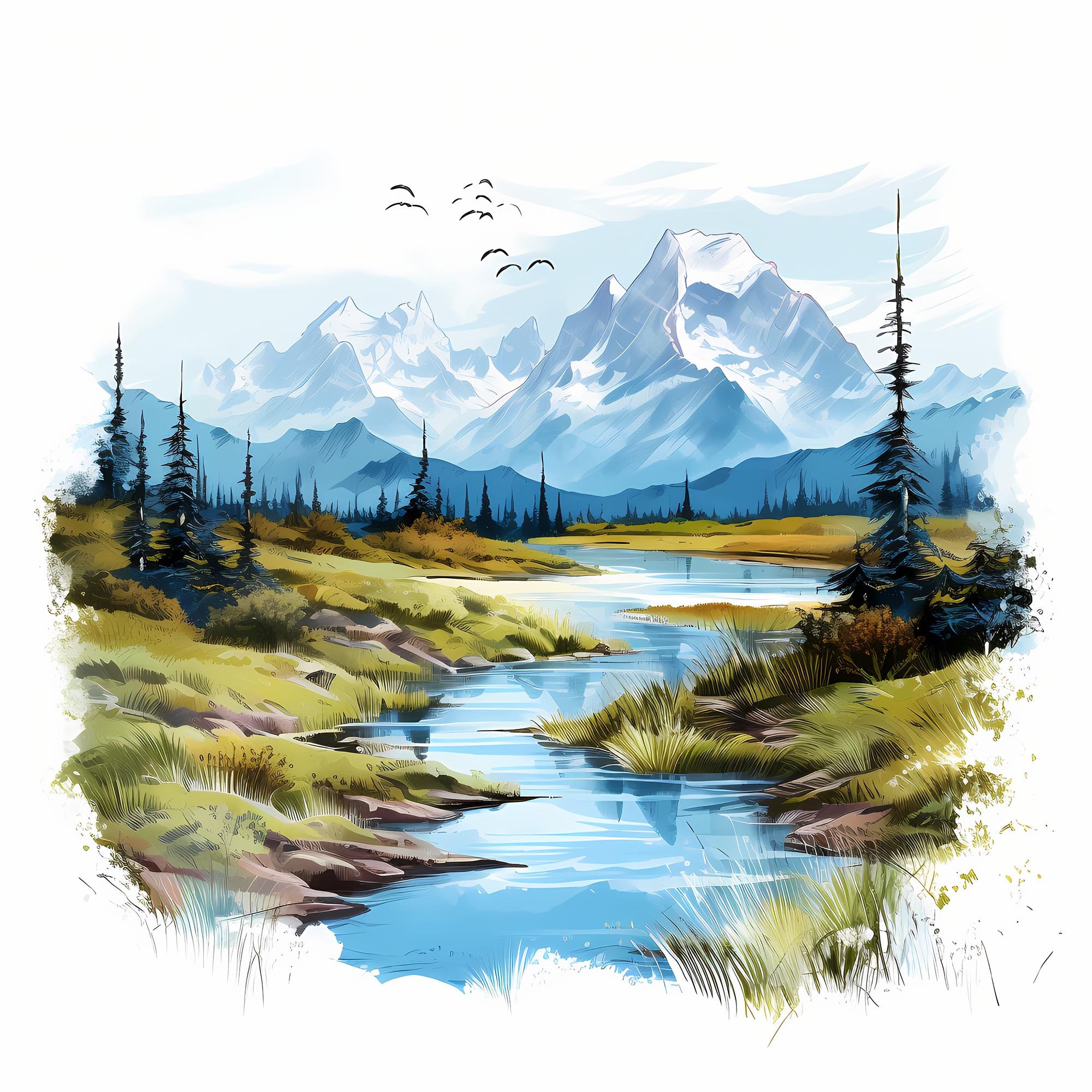 Denali National Park Watercolor Sketch Art Bundle, Denali National Park ...