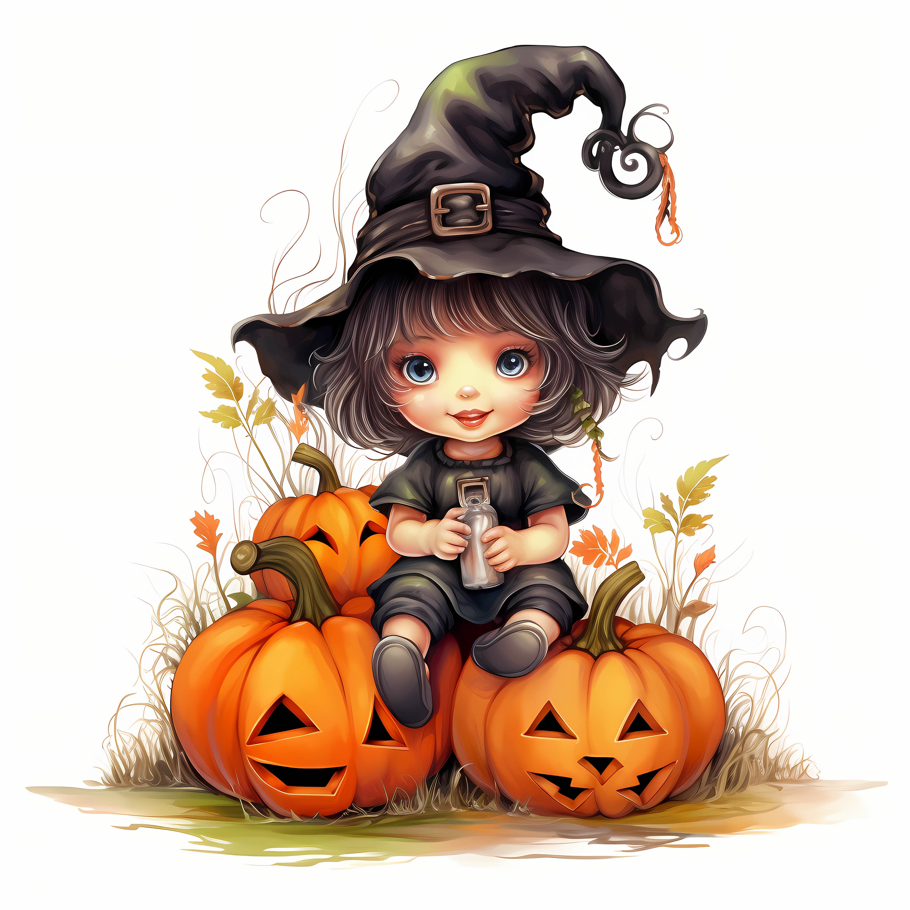 Halloween Cute Little Witch Portrait Watercolor Clipart Bundle ...